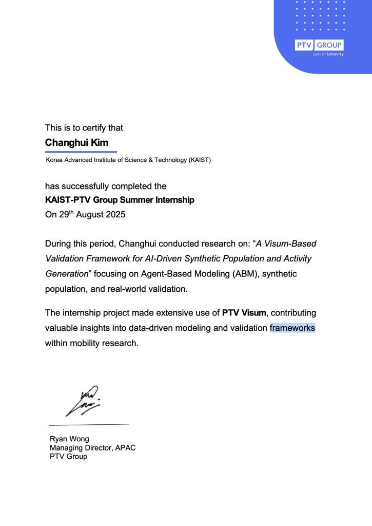 Chang-Hee Kim for Excellence in the KAIST-PTV Group Internship Program ...